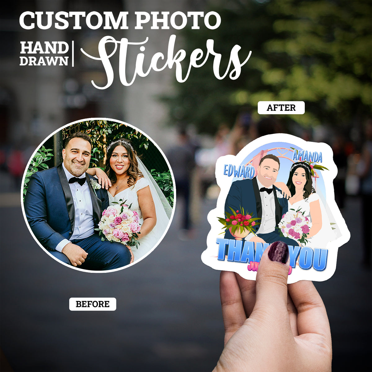 Couples Wedding Thank You Sticker Personalized – Personalized Drawing Gifts